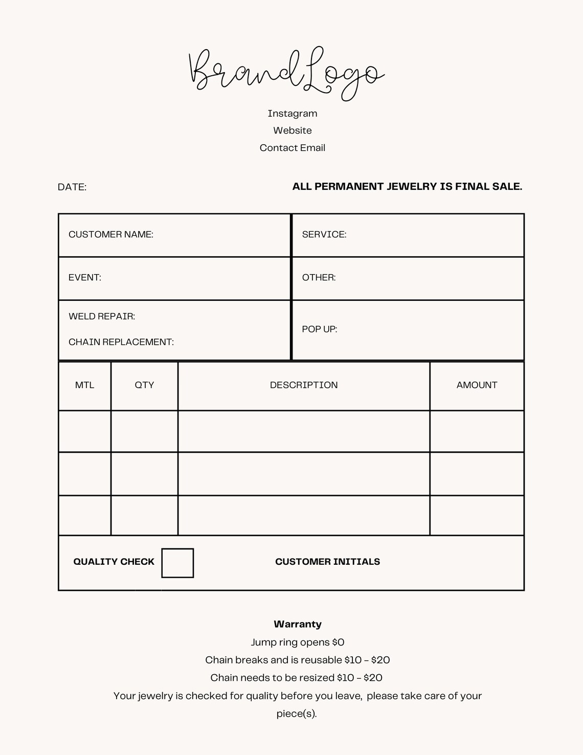 Permanent Jewelry Receipt - Etsy