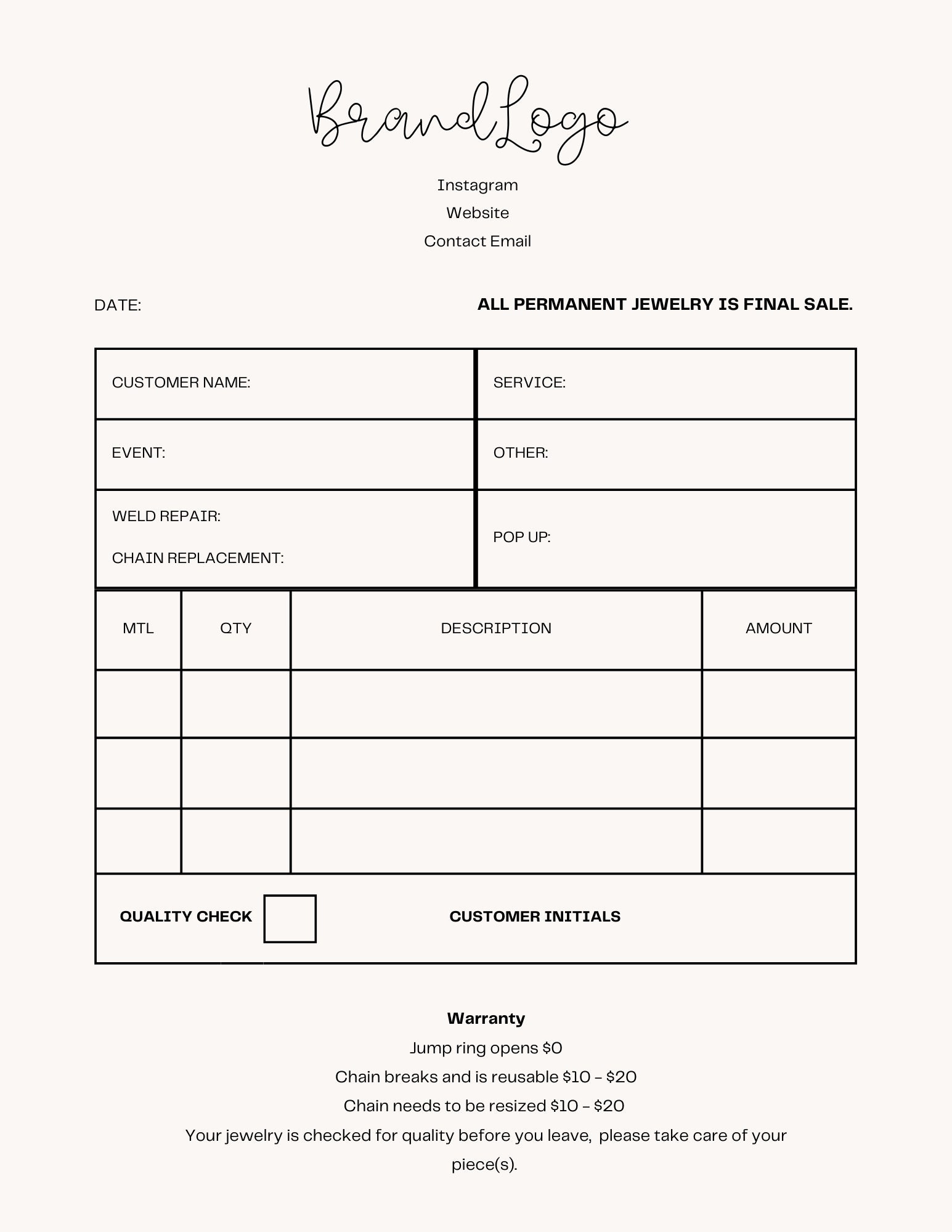 Permanent Jewelry Receipt - Etsy