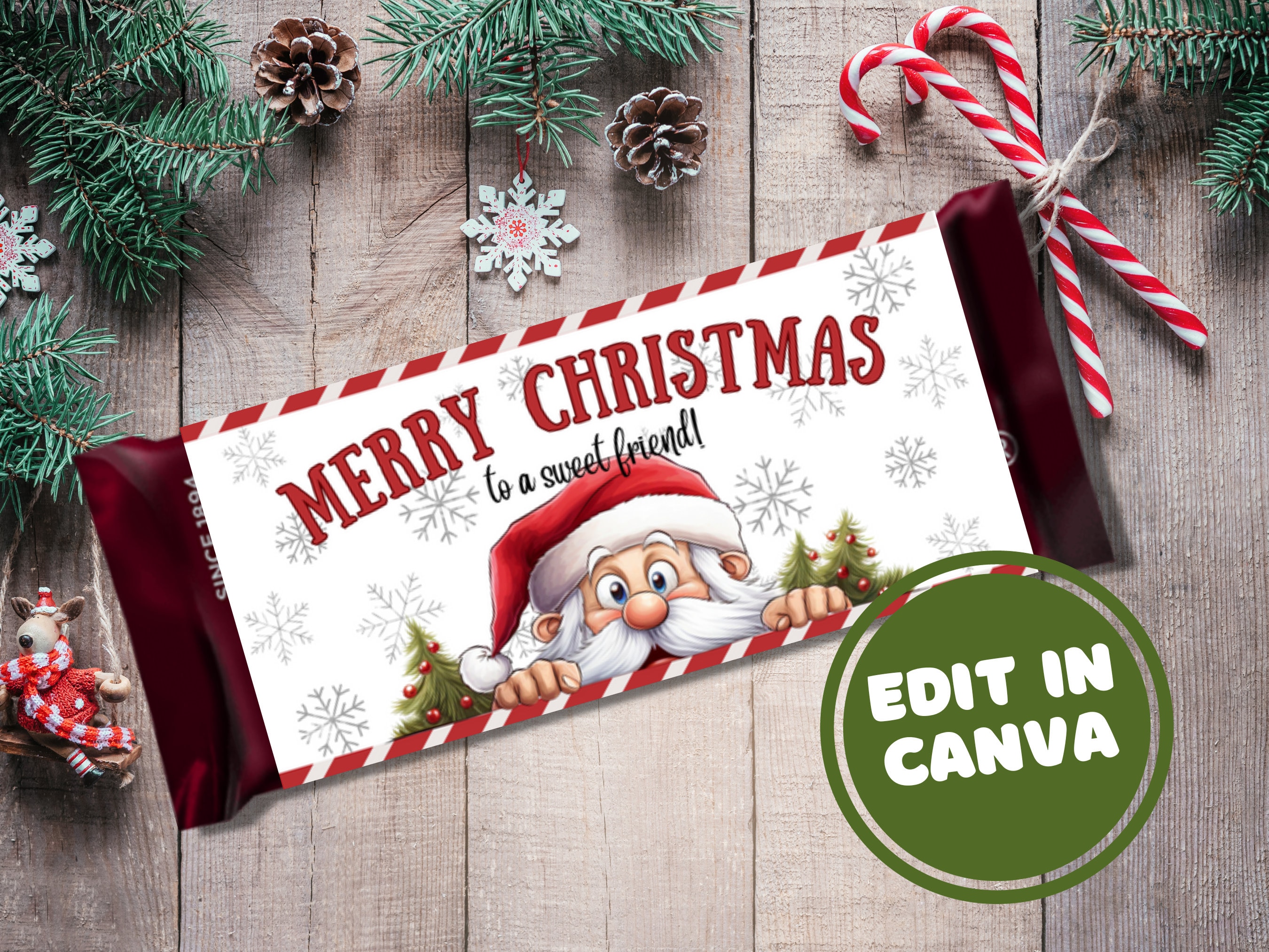 Editable Merry Christmas Peeking Santa Candy Bar Wrapper Template ...