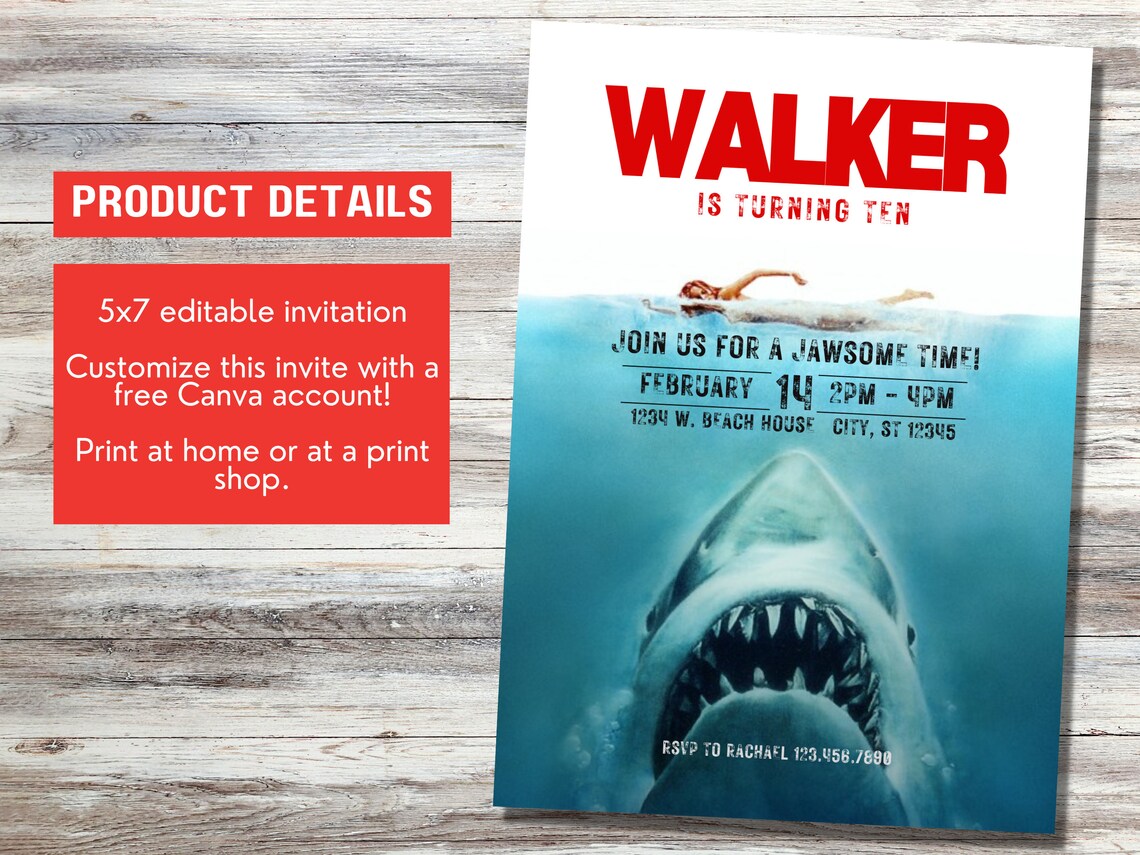 Editable JAWS Party Invitation Template, Printable Shark Party Birthday ...