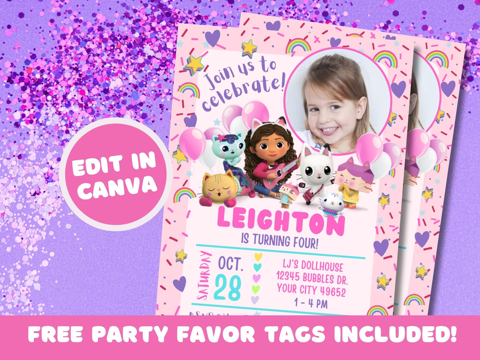 Editable Gabby's Dollhouse Birthday Invitation Template, Printable ...