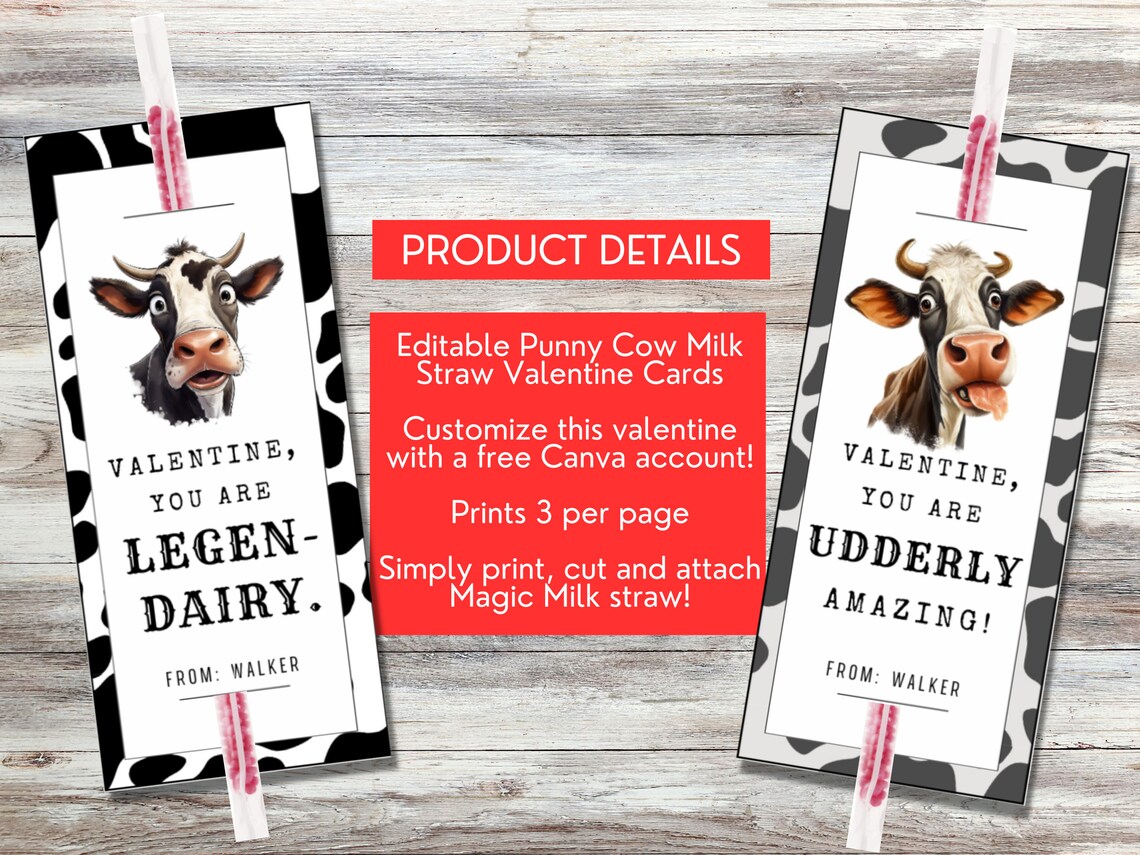 Valentine Straw Tags, Punny Cow Milk Straw Valentine, Editable Straw ...