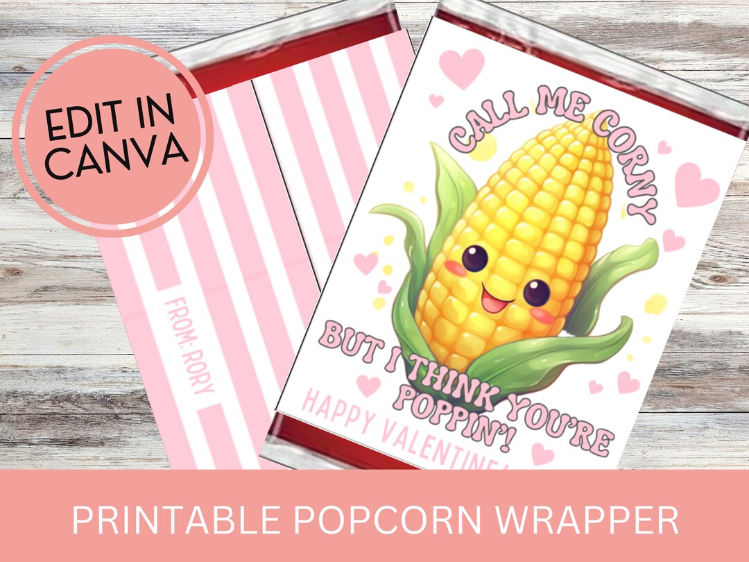 Valentine Popcorn Wrap Printable, Call Me Corny Valentine, Pink Stripes ...