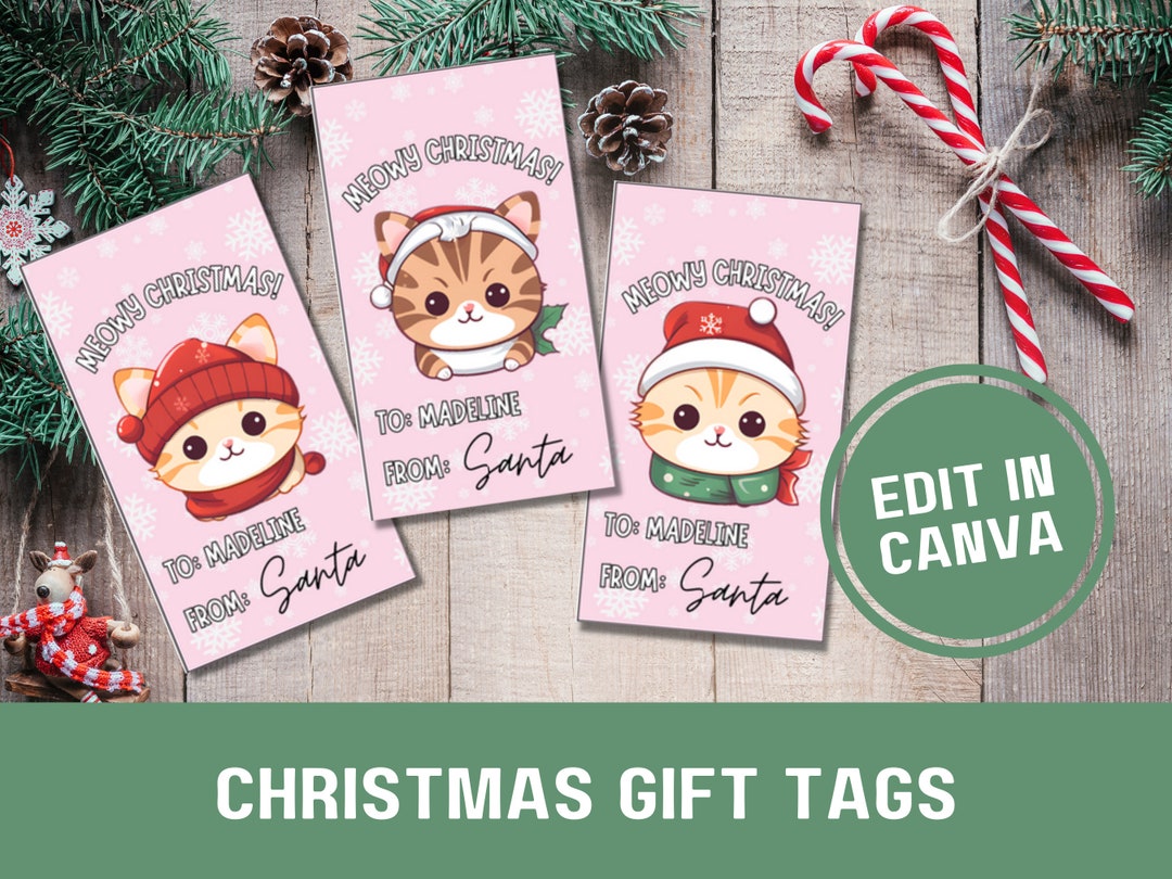 Editable Kawaii Christmas Cats Gift Tag Template, Printable Christmas ...