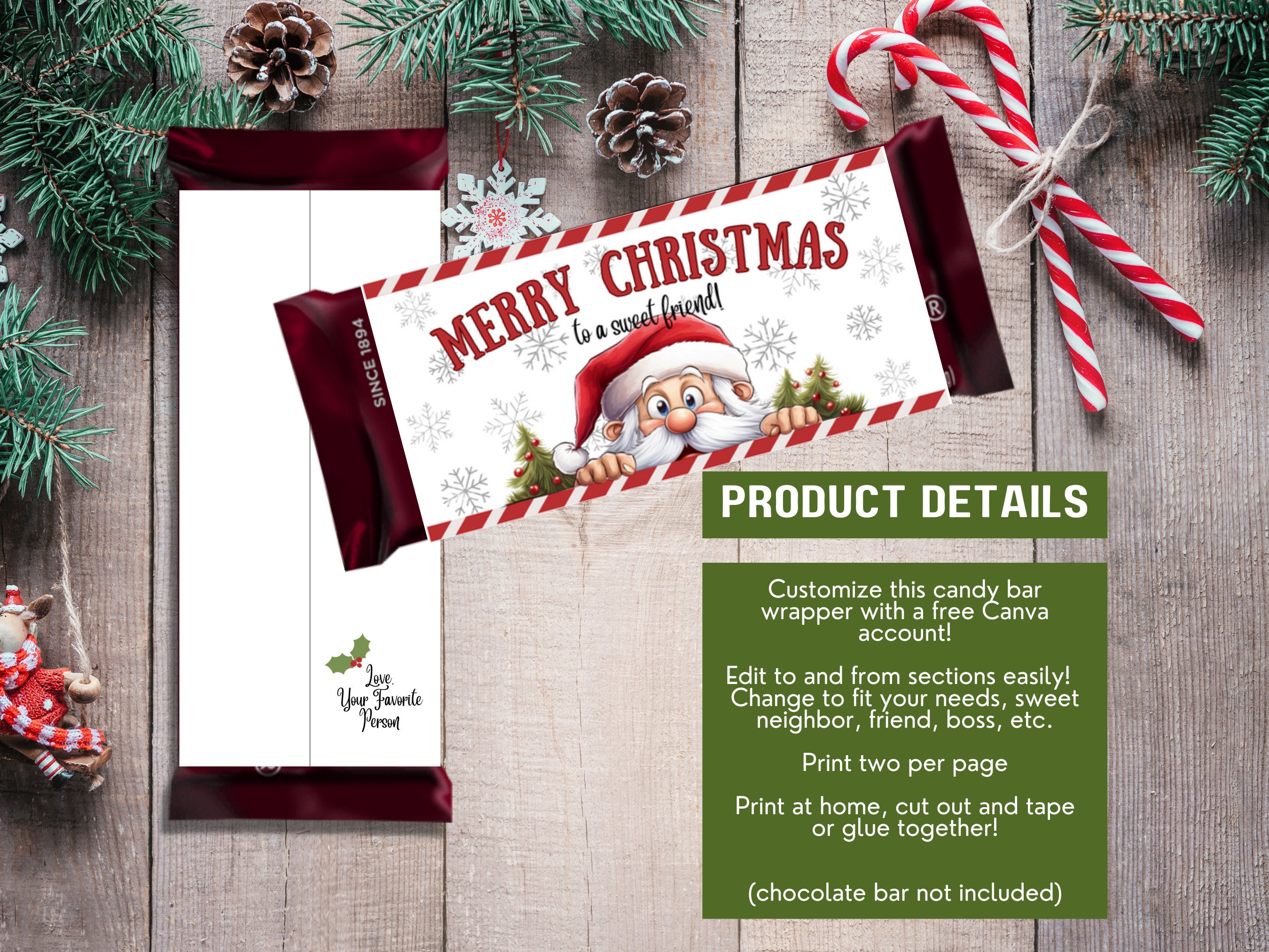Editable Merry Christmas Peeking Santa Candy Bar Wrapper Template ...