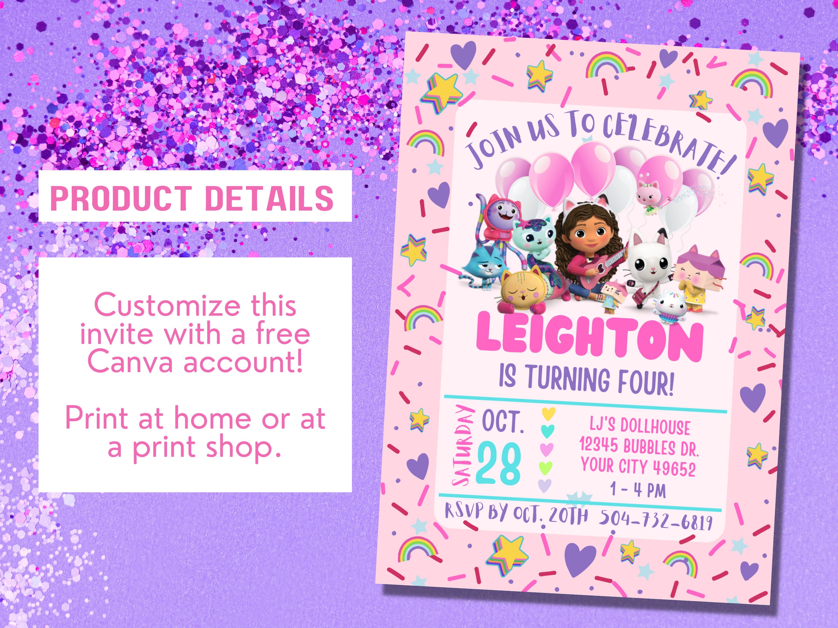 Editable Gabby's Dollhouse Birthday Invitation Template, Printable ...