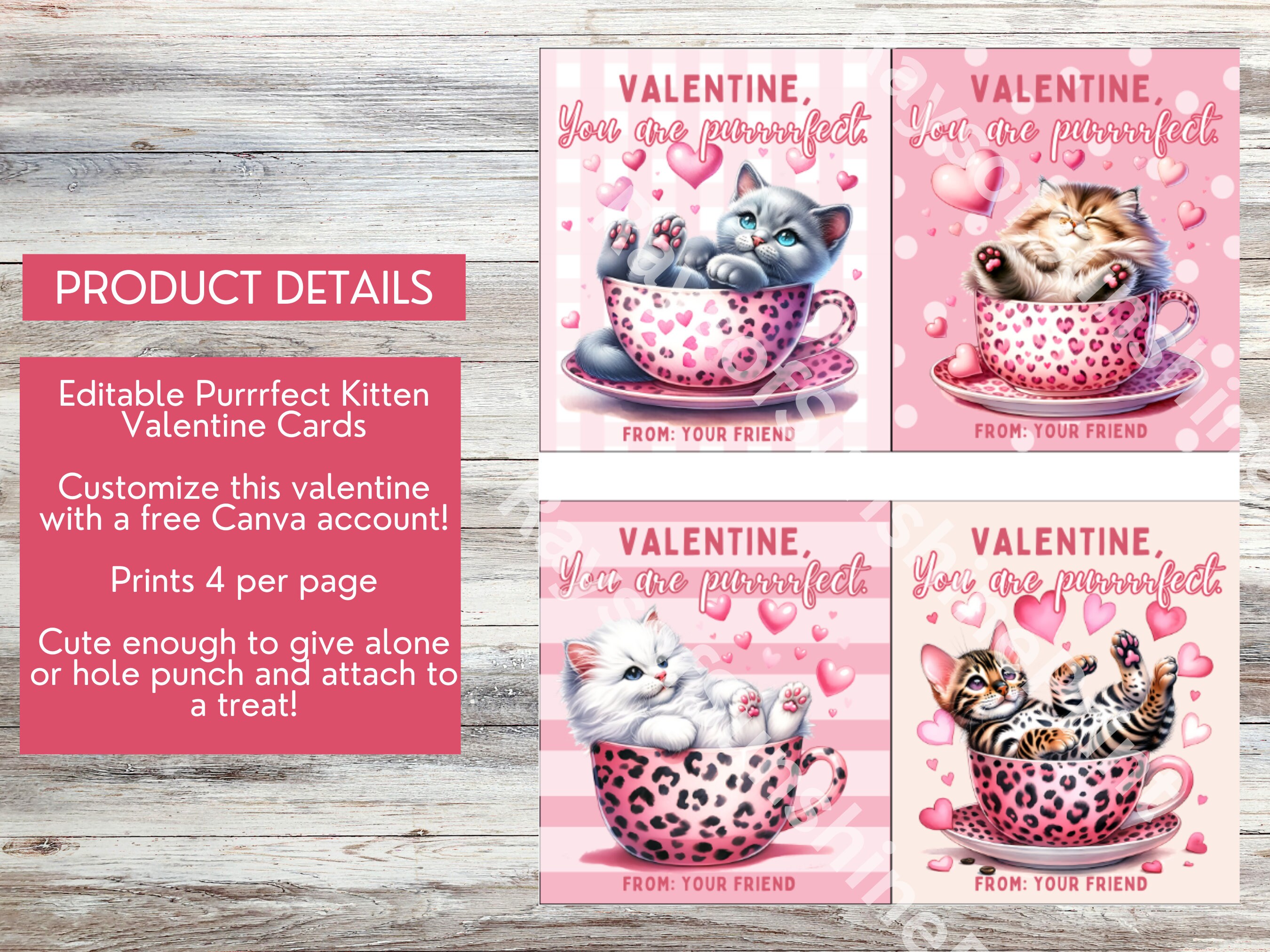 Printable Cat Valentine's Day Cards, Kitten Valentine Cards, Teacup ...