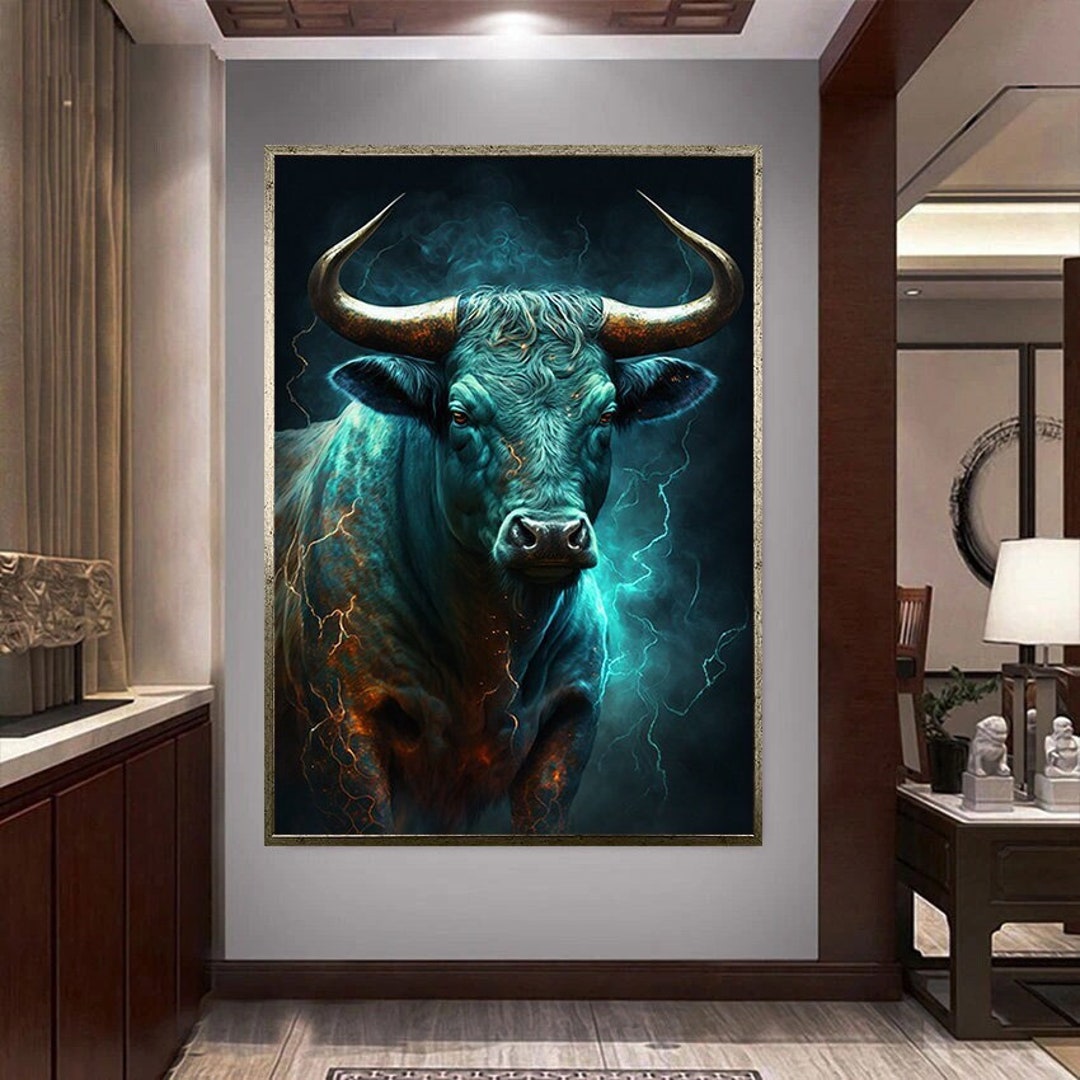 Taurus Canvas Wall Art, Electric Taurus Canvas Print Art, Blue Lights ...