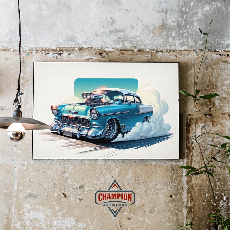 1955 Chevy Bel Air Burnout Cartoon Wall Art Print, Classic Hot Rod ...