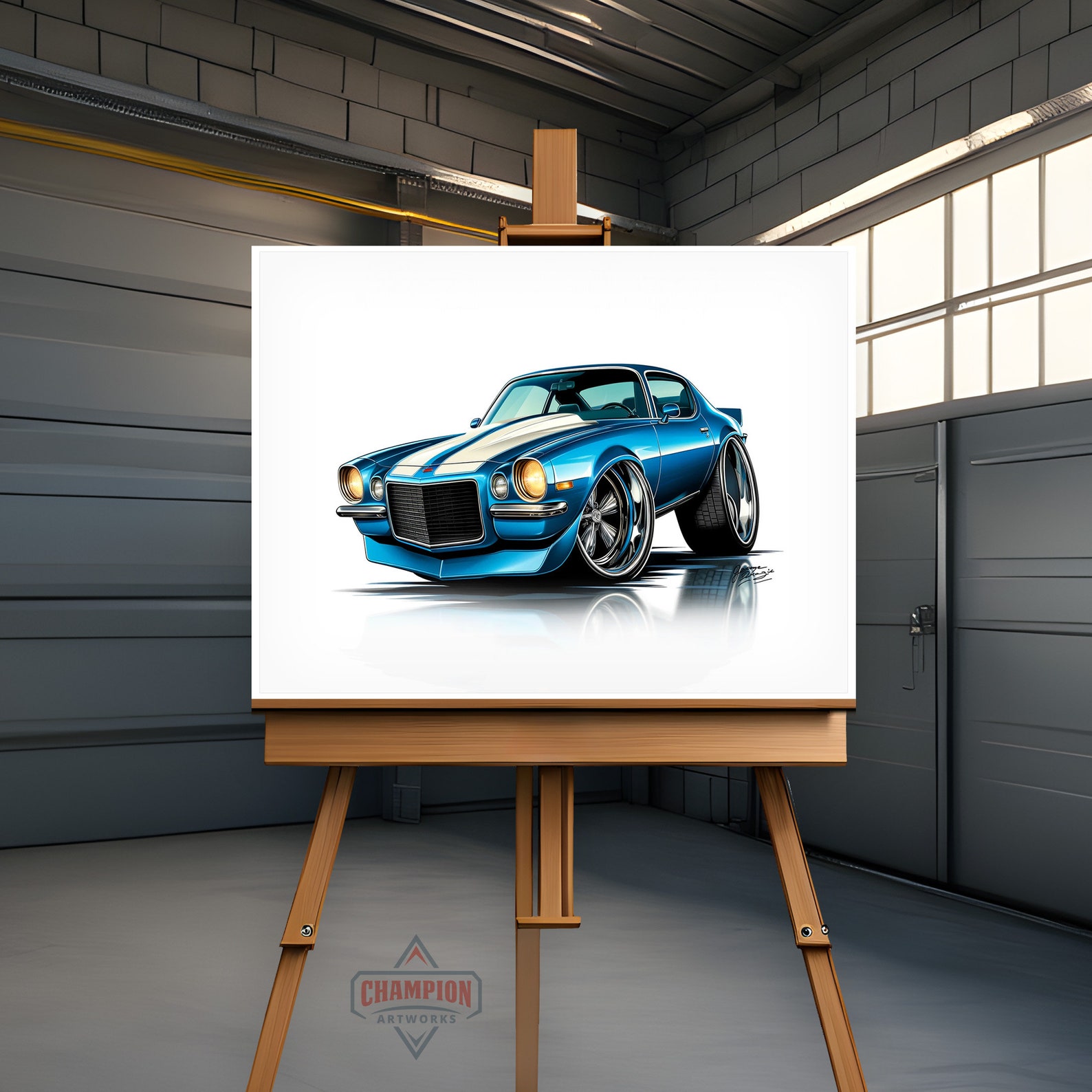 1971 Camaro MUSCLE CAR CARTOON Art, Bold Blue With White Racing Stripes ...