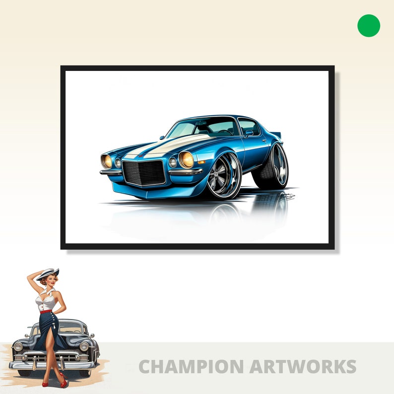 1971 Camaro MUSCLE CAR CARTOON Art, Bold Blue With White Racing Stripes ...