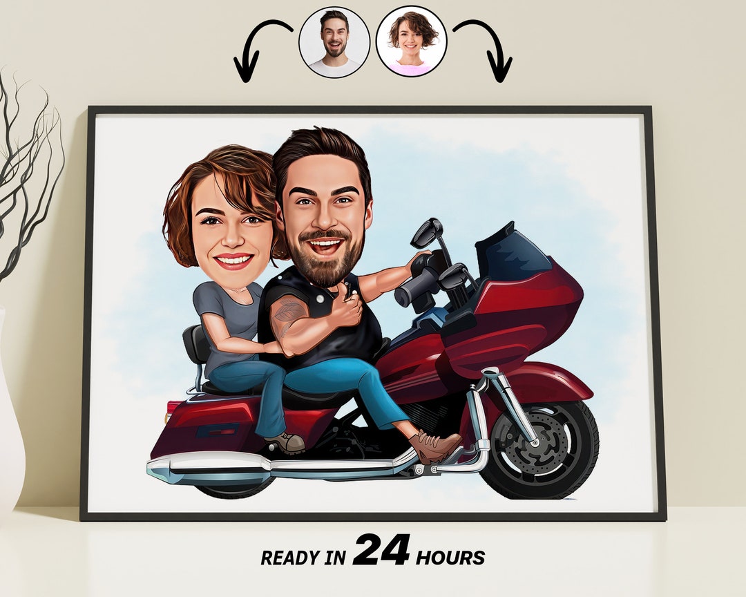 Personalized Motorcyclist Couple Cartoon Portrait, Custom Motorcyclist ...