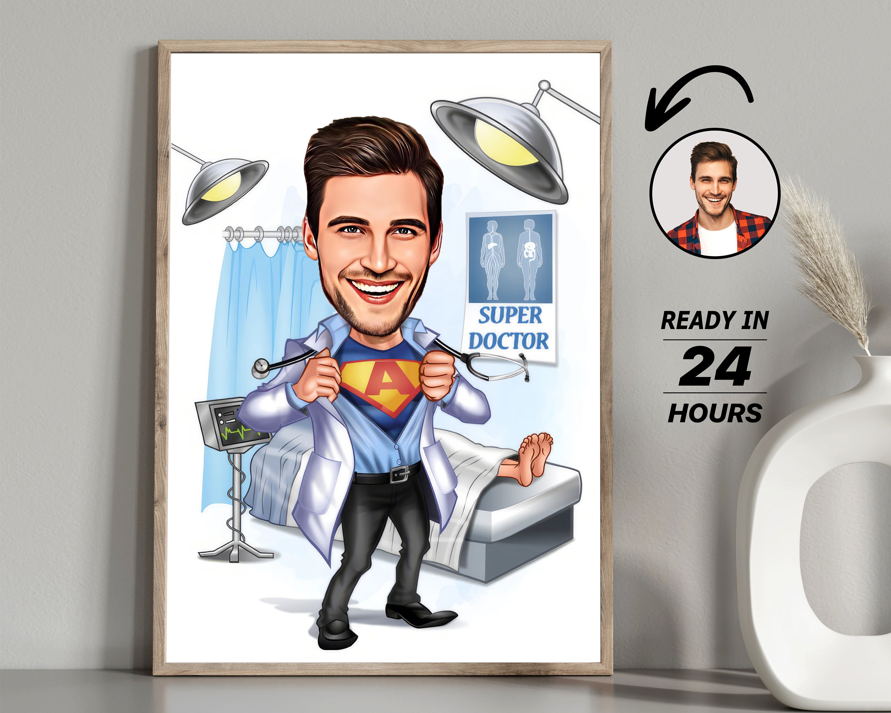 Personalized Super Doctor Cartoon Portrait, Custom Doctor Caricature ...