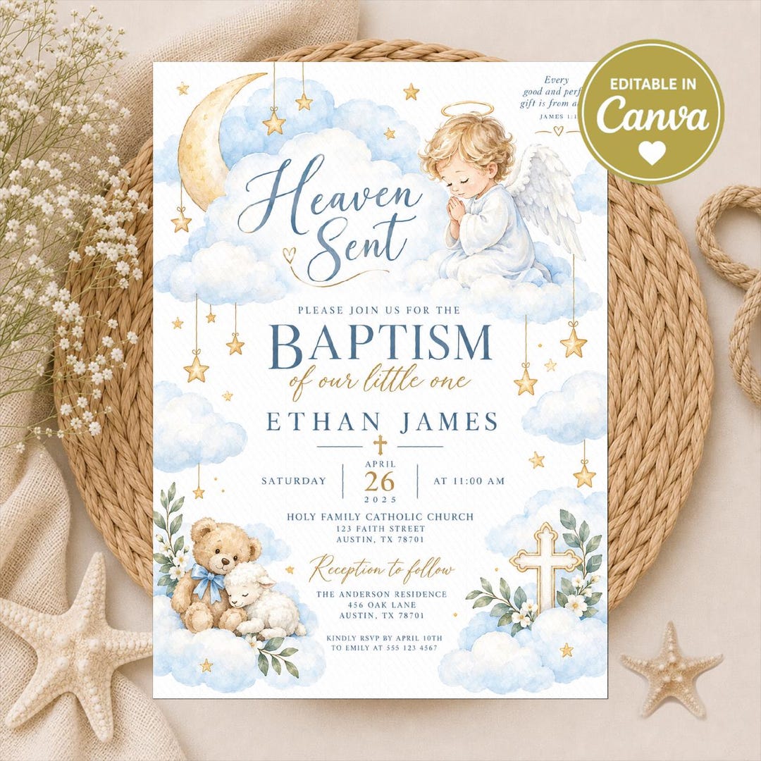 Heaven Sent Boy Baptism Invitation, Watercolor Angel Baptism Template ...