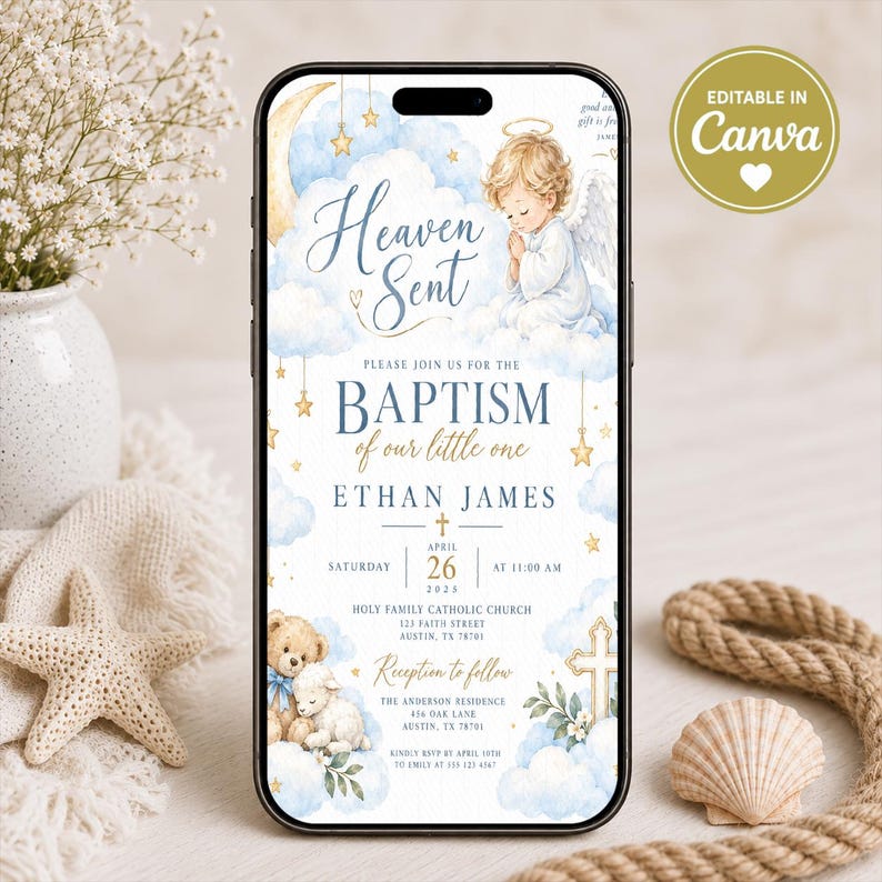Heaven Sent Boy Baptism Invitation, Watercolor Angel Baptism Template ...