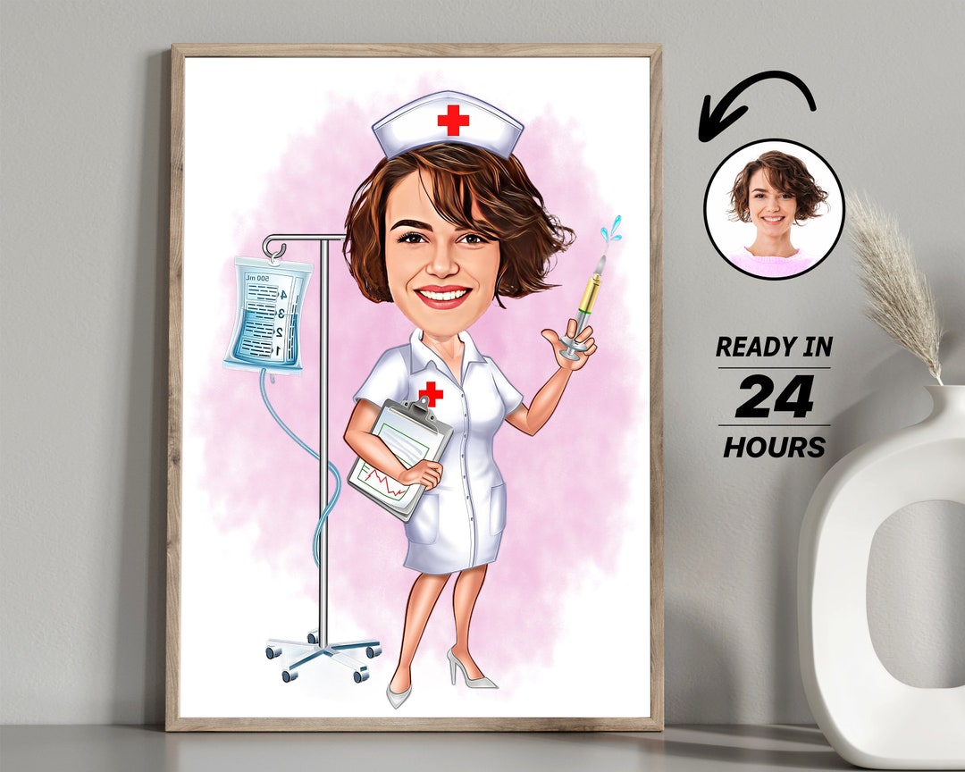 Personalized Female Nurse Cartoon Portrait, Custom Nurse Caricature ...