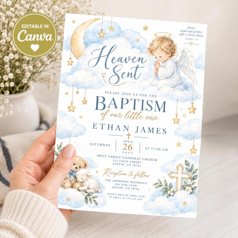 Heaven Sent Boy Baptism Invitation, Watercolor Angel Baptism Template ...