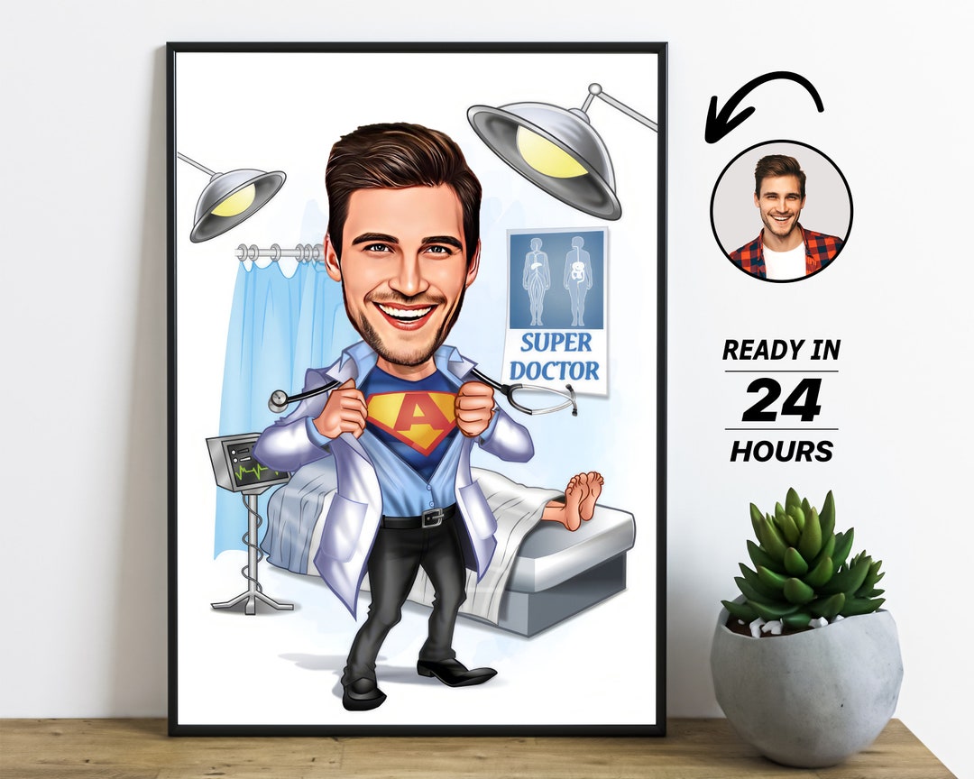 Personalized Super Doctor Cartoon Portrait, Custom Doctor Caricature ...