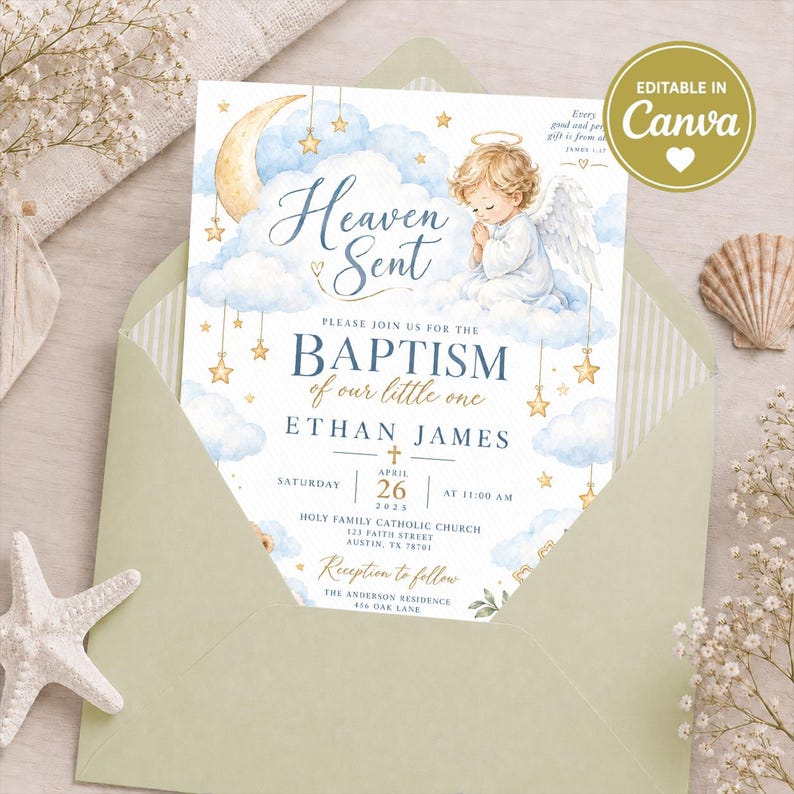 Heaven Sent Boy Baptism Invitation, Watercolor Angel Baptism Template ...