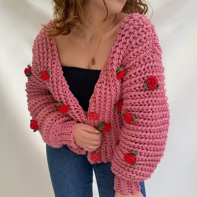 Chunky Knit Rose Cardigan - Etsy