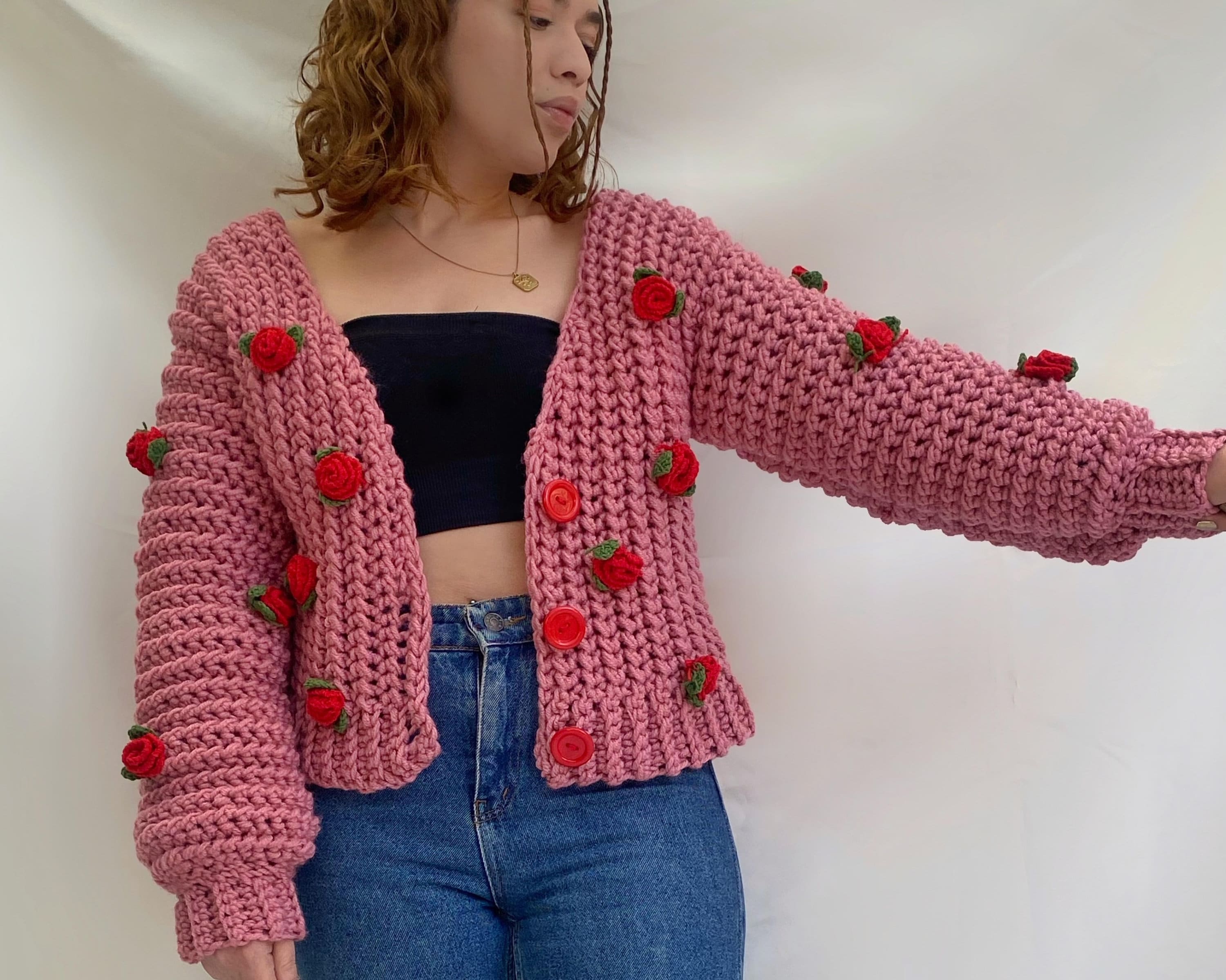 Red Roses Cardigan Pattern, Flower Cardigan Pattern, Crochet Pink ...