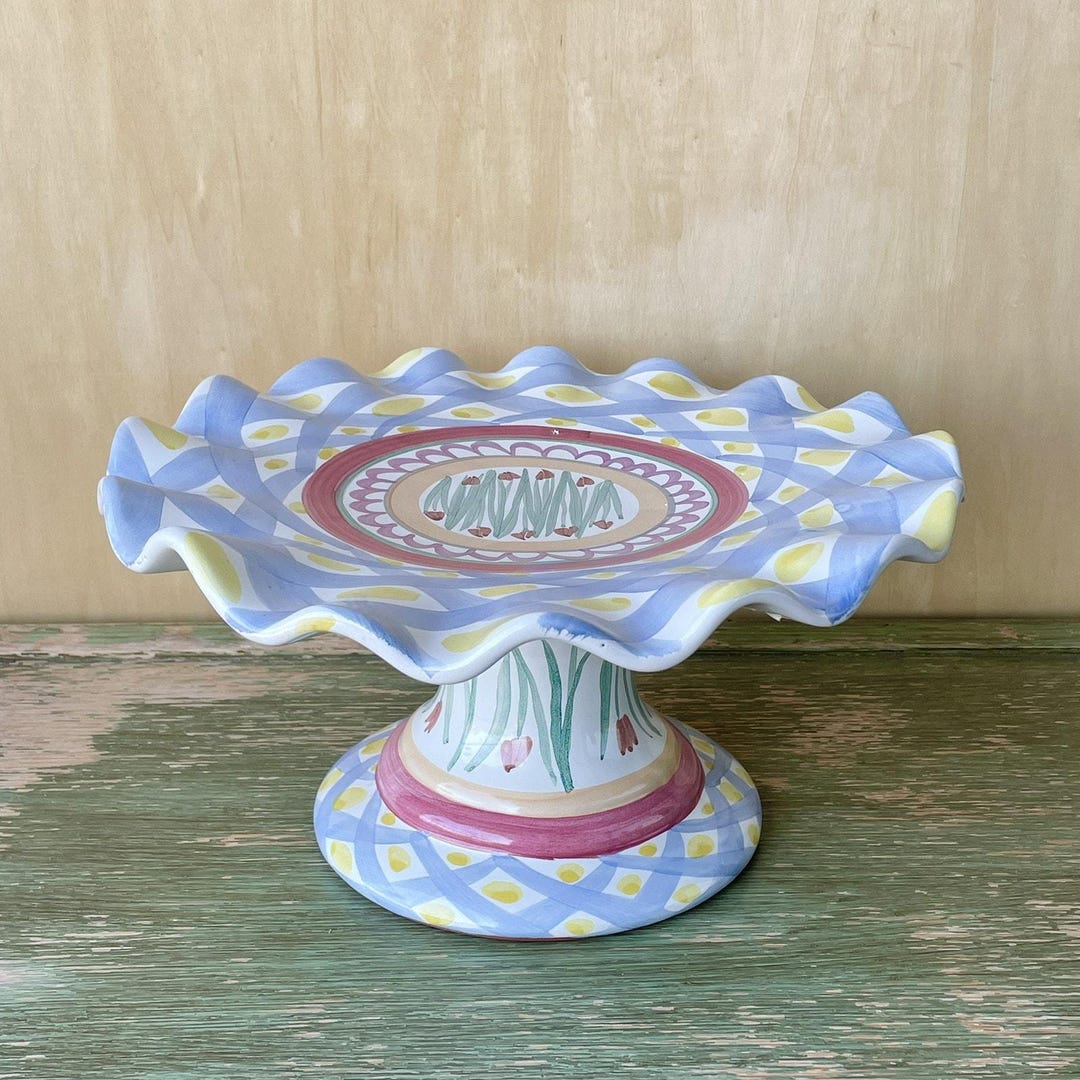 Vintage 90s Mackenzie Childs Pedestal Cake Plate Aalsmeer Pattern ...