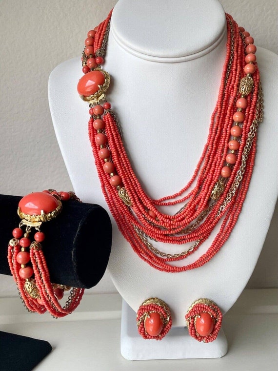 Vintage Mid Century Costume Jewelry Parure Faux Orange Coral Beaded Cabochons Gold Tone Chains Matching Set Necklace Earrings Bracelet Etsy