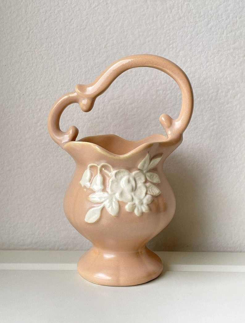 Vintage 30s Weller Art Pottery Peach/apricot Handled Basket Vase/planter Cameo Rose Pattern 7.5 ...