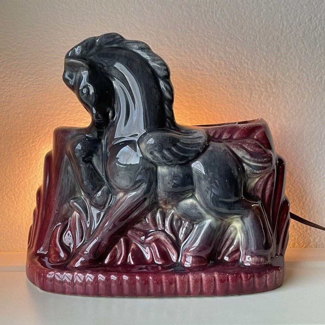 Vintage MCM Ceramic TV Lamp W/planter Black & Maroon Prancing Pegasus ...