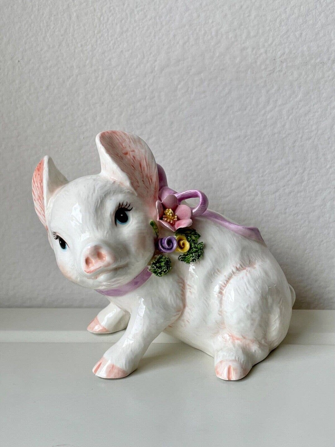 Vintage Lefton Porcelain Pig Figurine W/purple Bow & Flowers 5 - Etsy