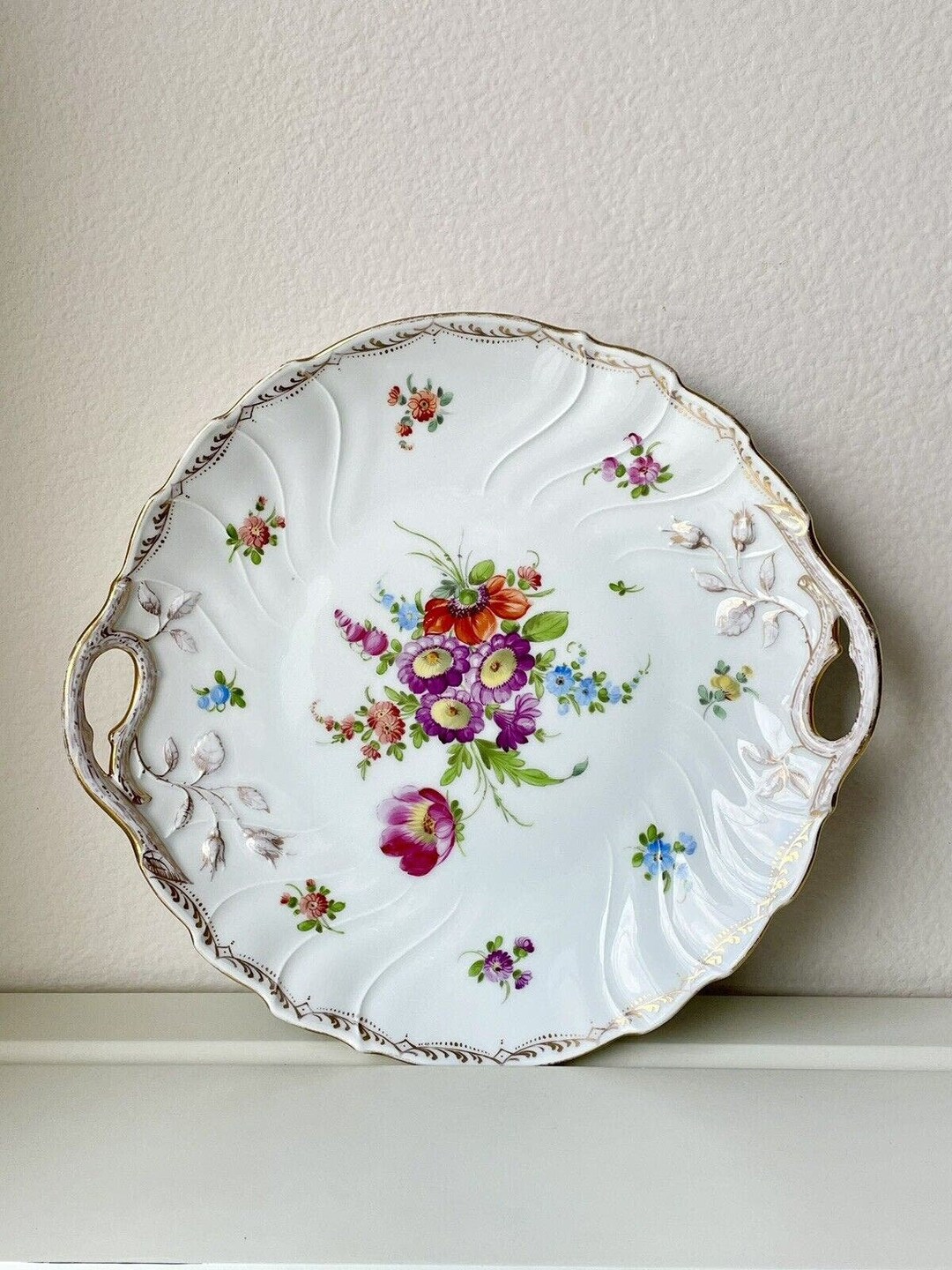 Dresden Germany Floral Handled Serving Plate Hand Painted Gilded ...