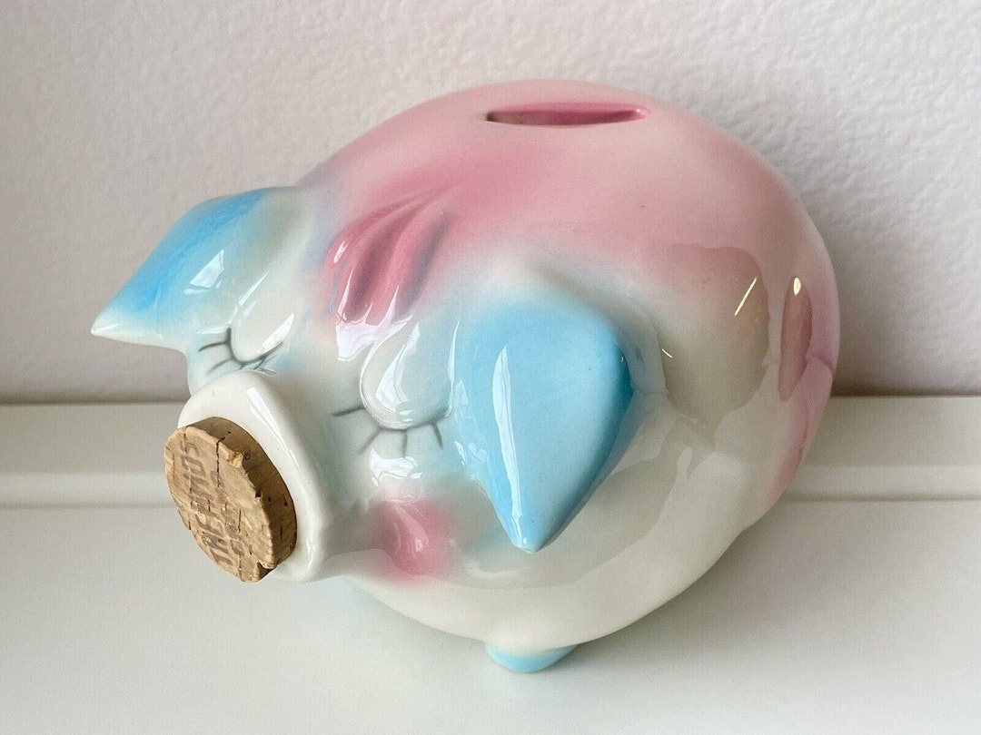 Vintage 1957 Hull Pottery Corky Pig Ceramic Piggy Bank Pink & Blue MCM ...
