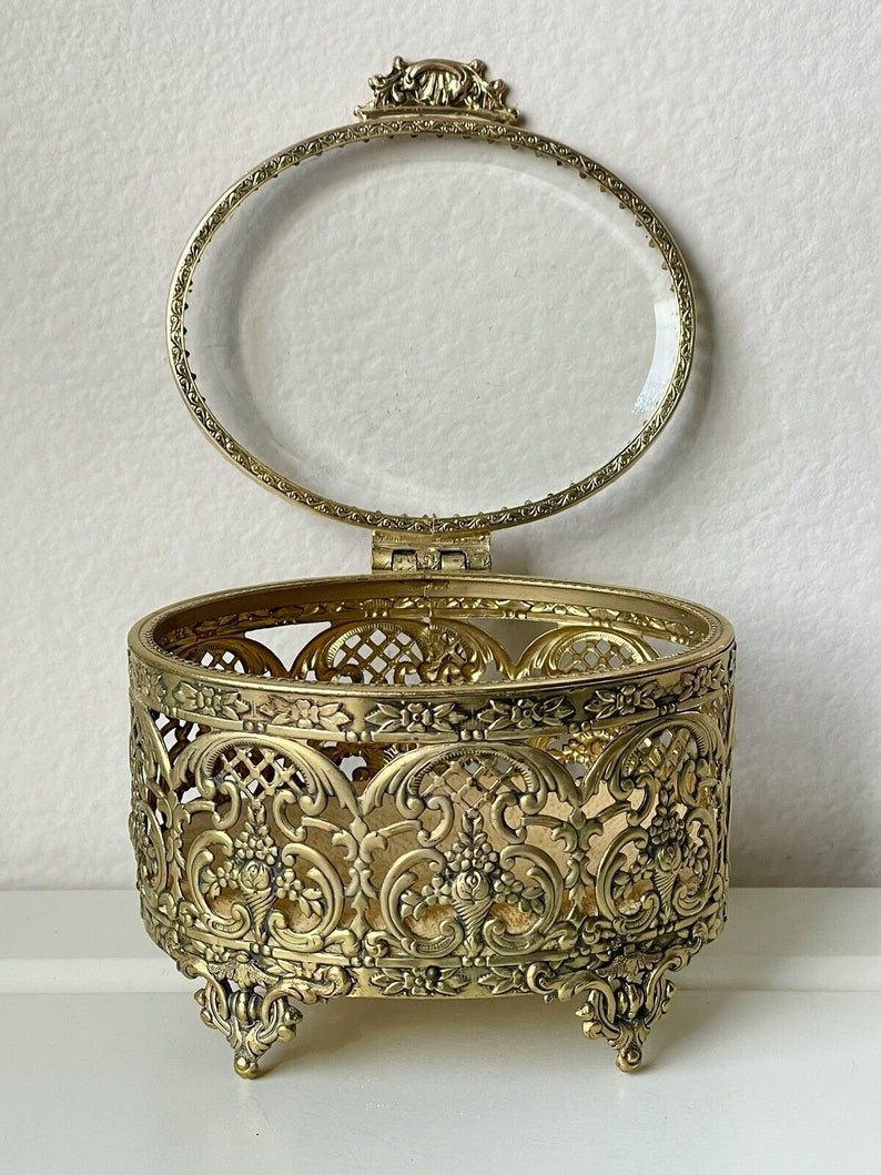 Vintage Ornate Filigree Jewelry Casket Gilded Metal Beveled Glass ...