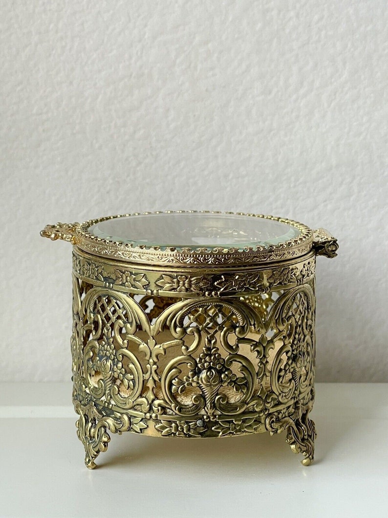 Vintage Ornate Filigree Jewelry Casket Gilded Metal Beveled Glass ...
