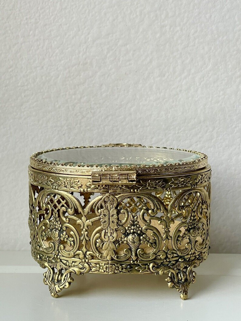 Vintage Ornate Filigree Jewelry Casket Gilded Metal Beveled Glass ...