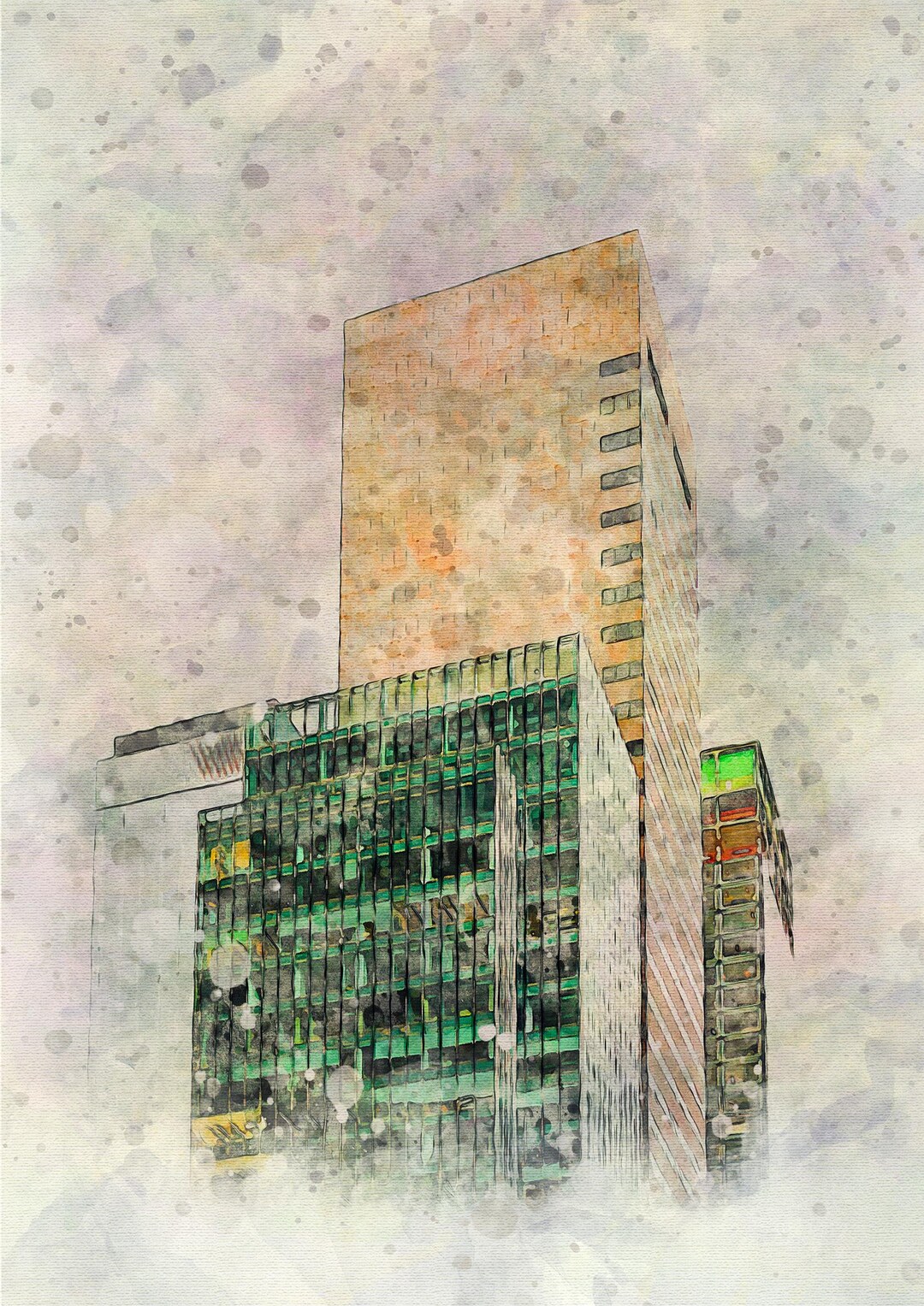 Watercolor Print of a NYC High Rise Building, Abstract Wall Art, Wall ...