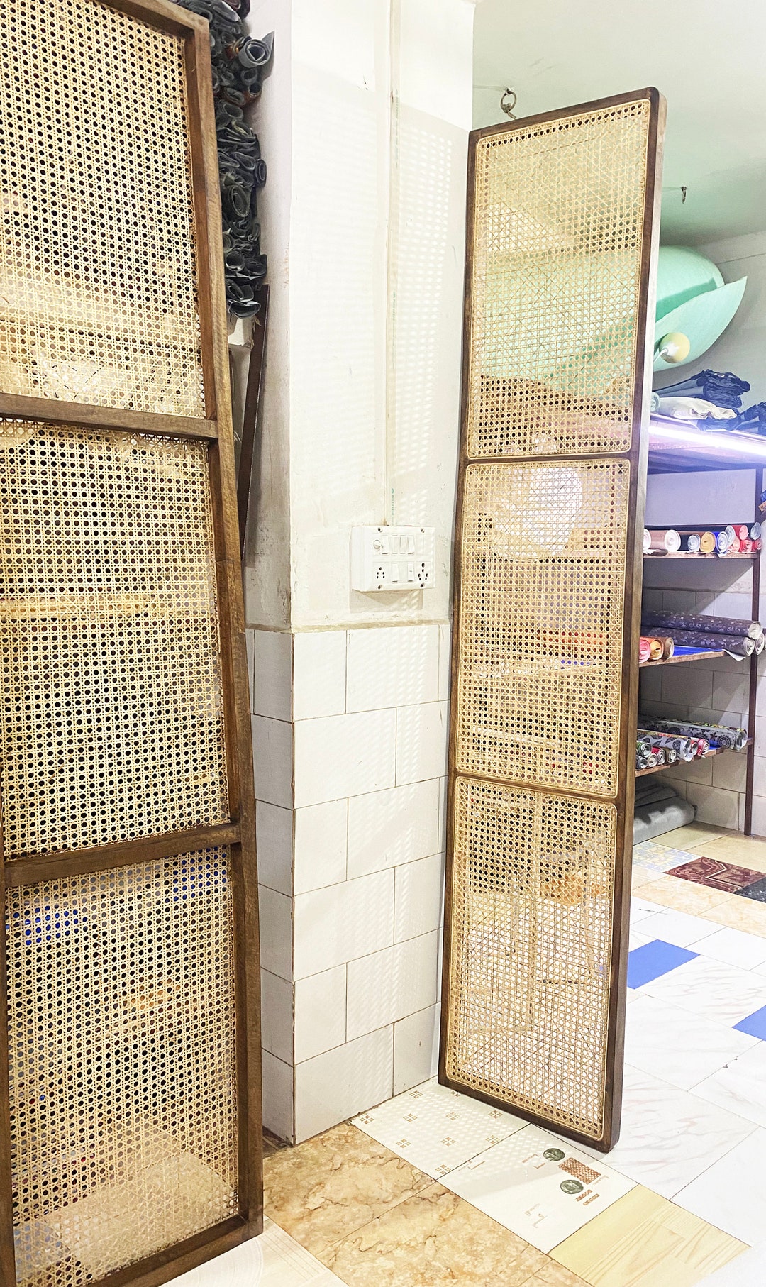 Mid Century Cane Divider, Hand Knitted Rattan 96 Inch Height Bathroom ...