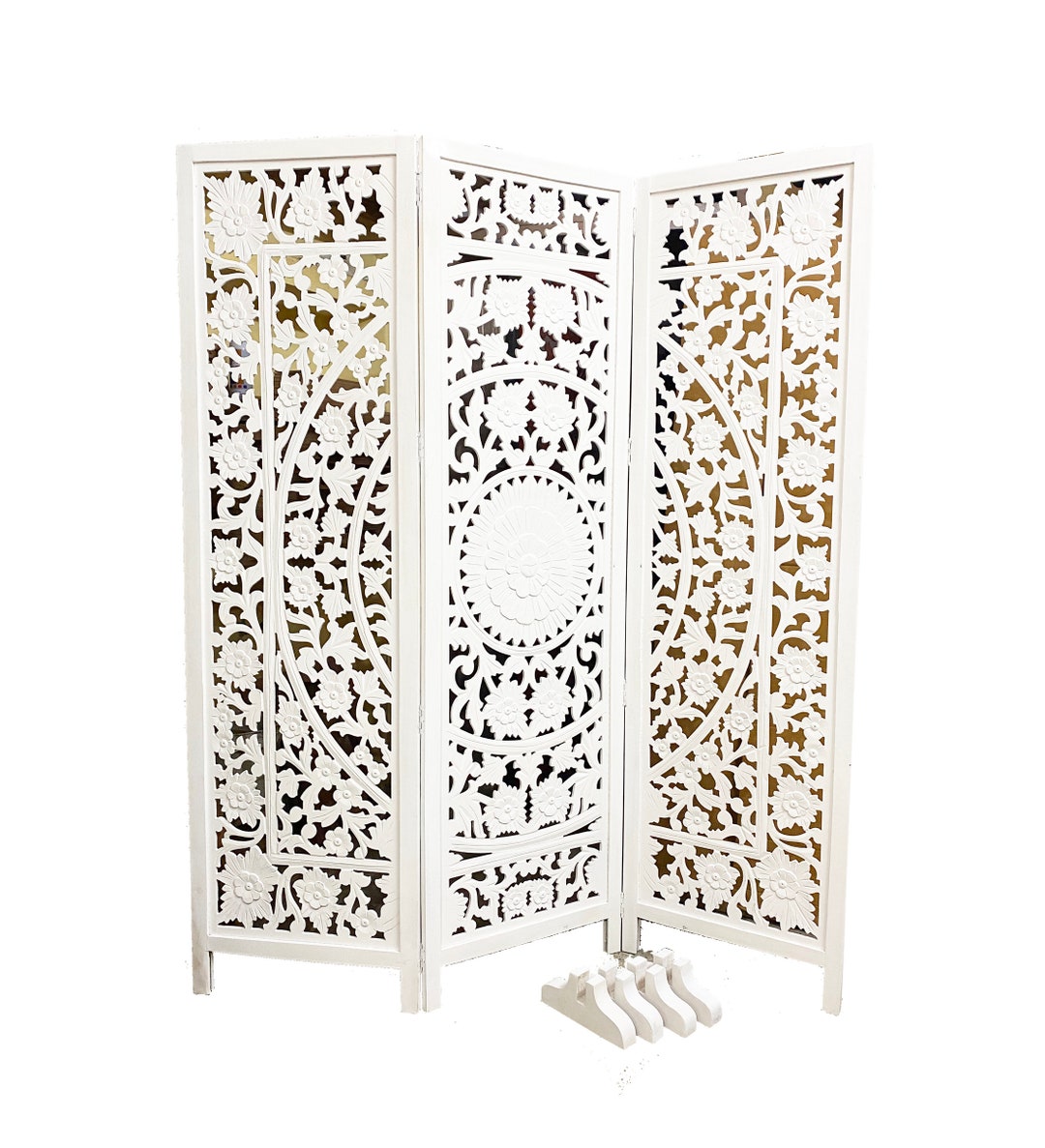 3 Panel Flower Design Partition, Handmade Wooden Folding Screen ...