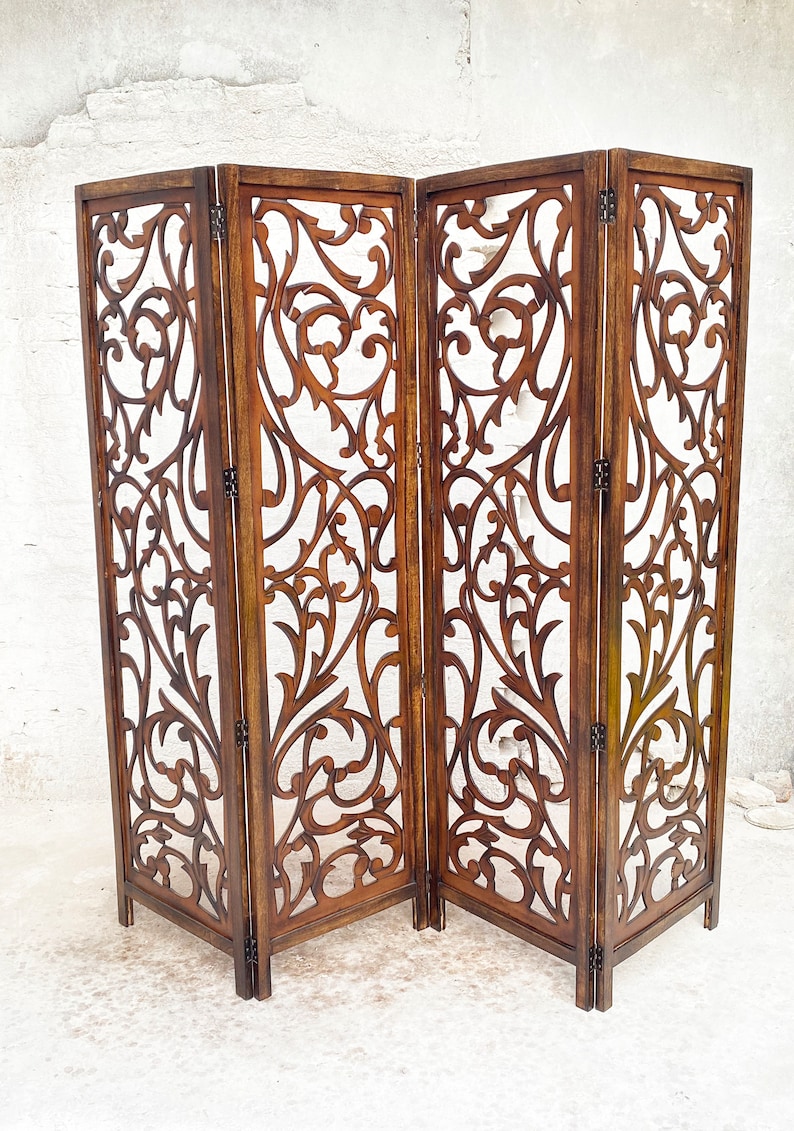 Mid Century Floral Design Wooden Folding Divider, Partition, Handmade ...