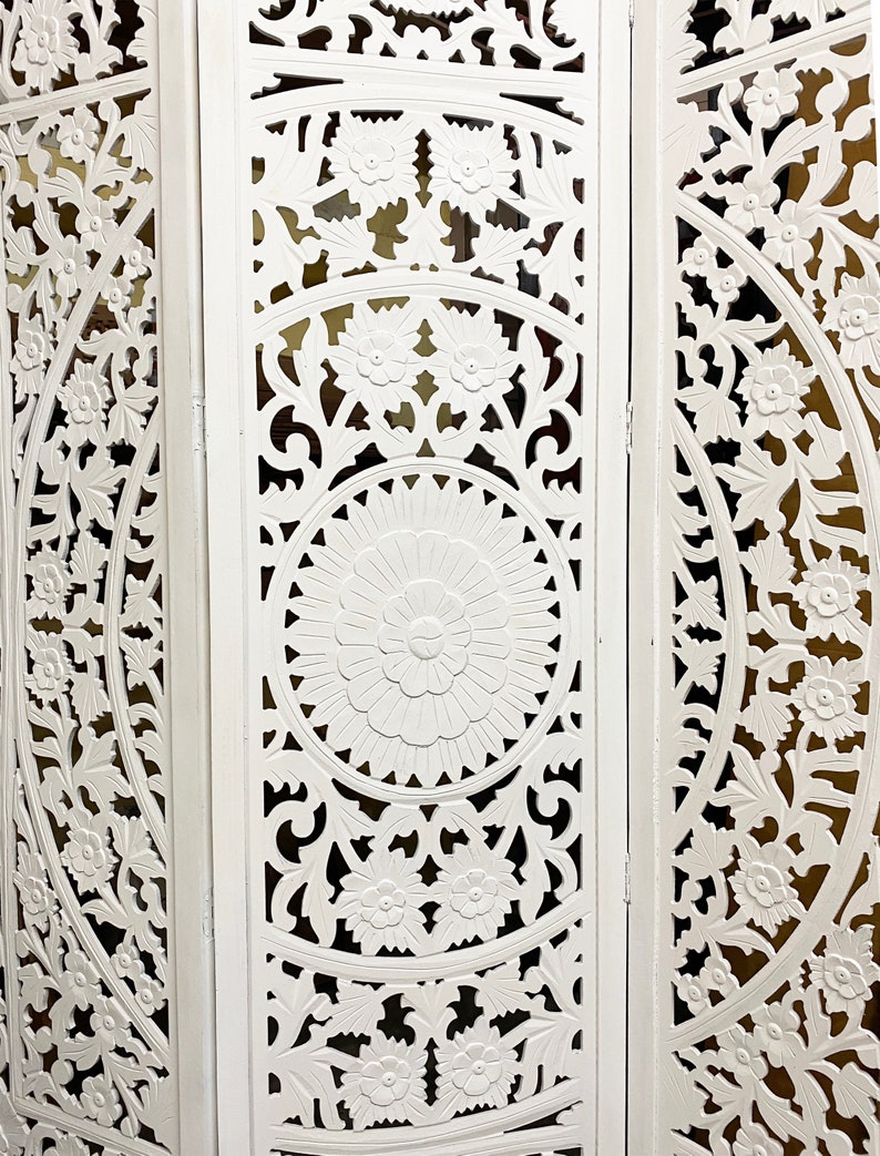 3 Panel Flower Design Partition, Handmade Wooden Folding Screen ...
