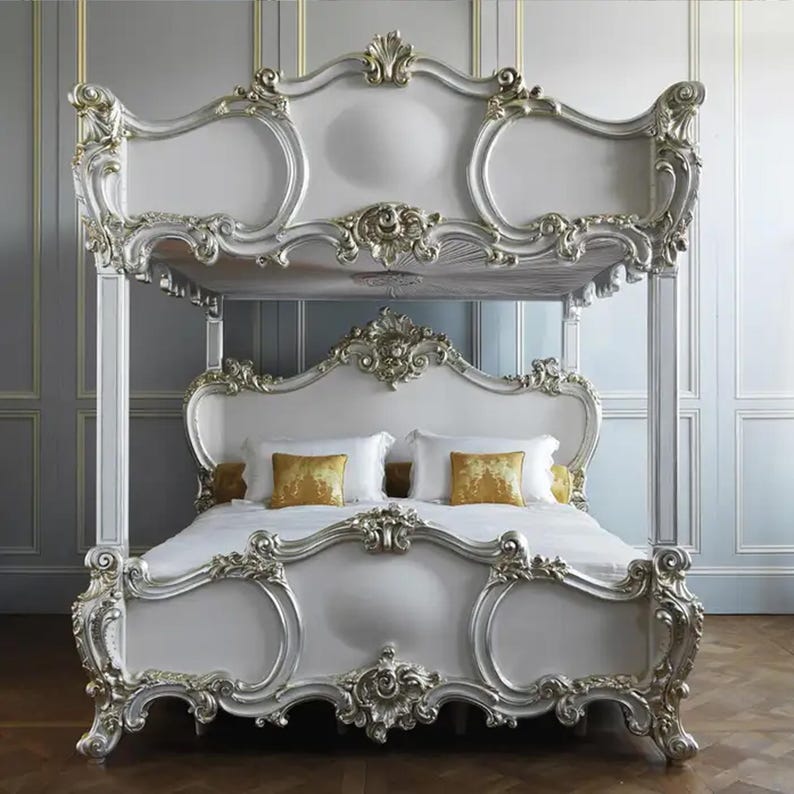 Hand Carved Rococo Style Bed Frame: Silver Gilt Wood, Four Poster - Etsy