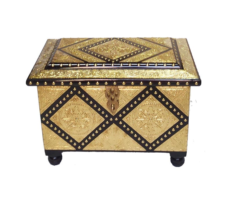 Handmade Wooden Treasure Chest: Hand Carved Brass Decor Storage Trunk ...