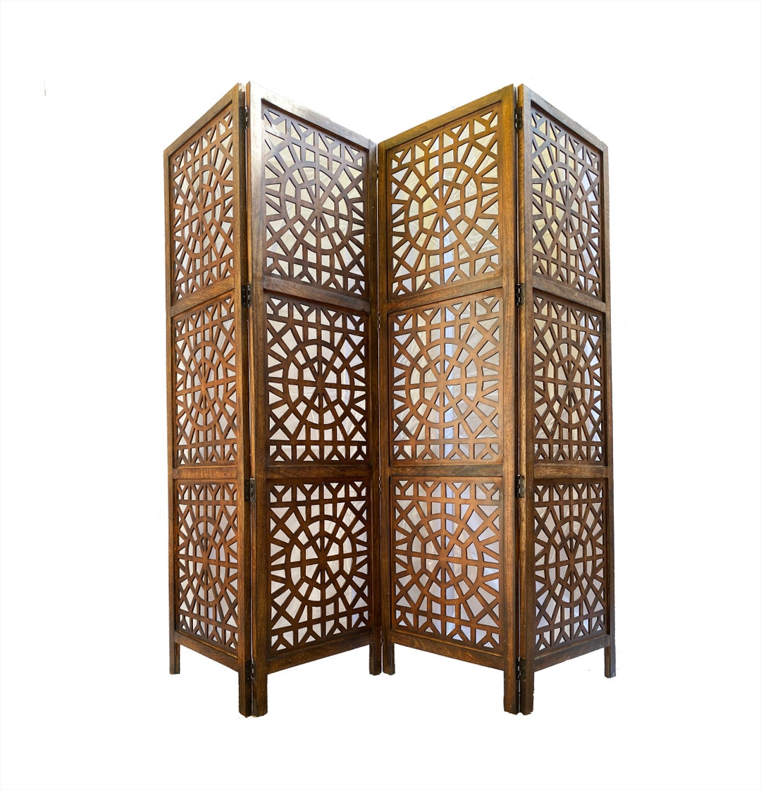 Mid Century Round Mesh Design Wooden Folding Divider, Partition ...