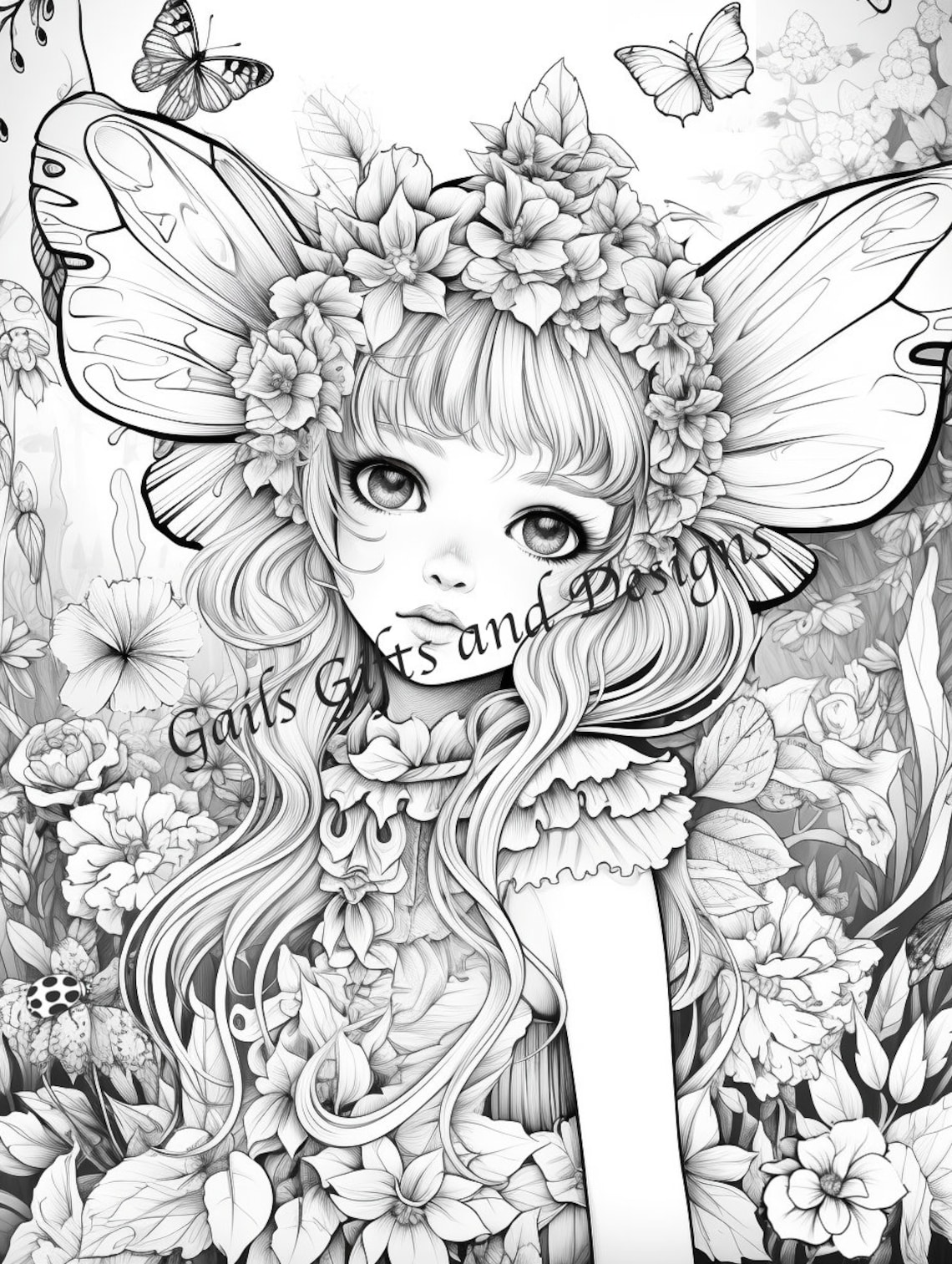 Fairy With Flowers Coloring Page for Adults Downloadable File Book Five ...
