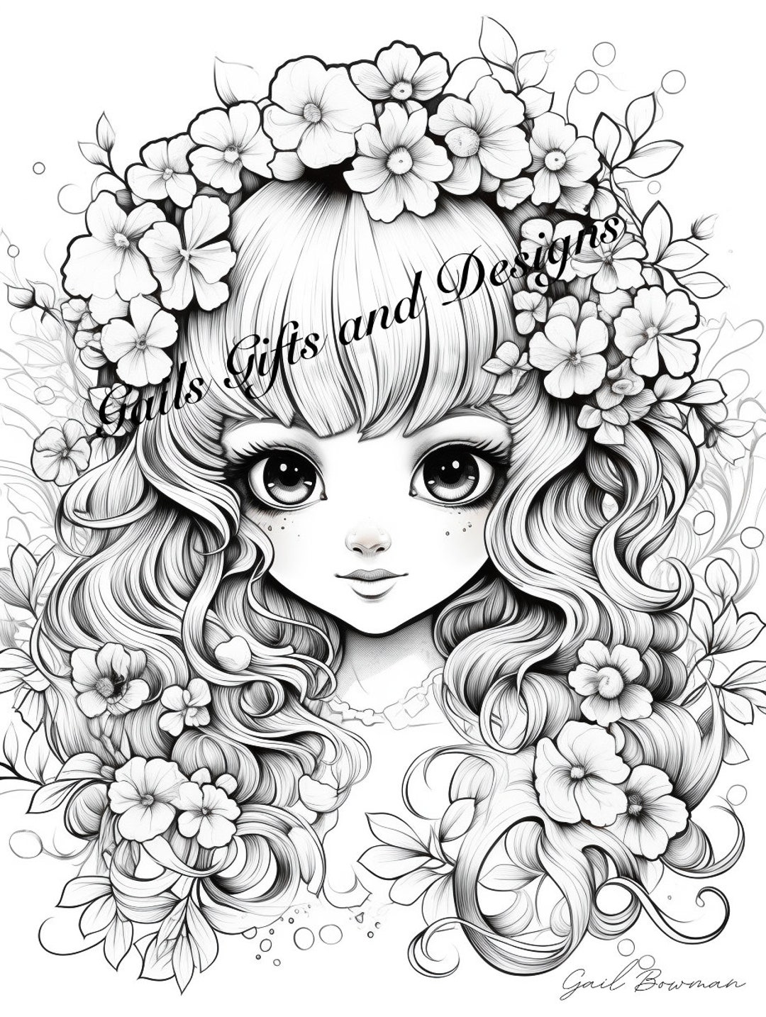Cute Fairy With Flowers Coloring Page for Adults Downloadable File Book ...