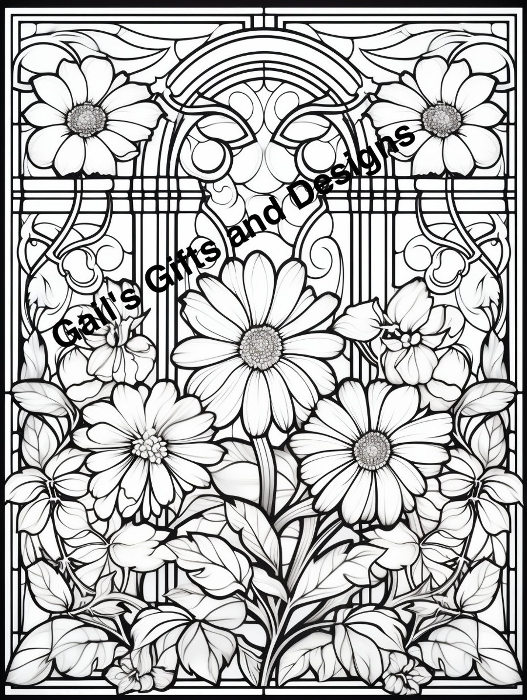 Flowers With Stained Glass Coloring Page for Instant Download, Adults ...