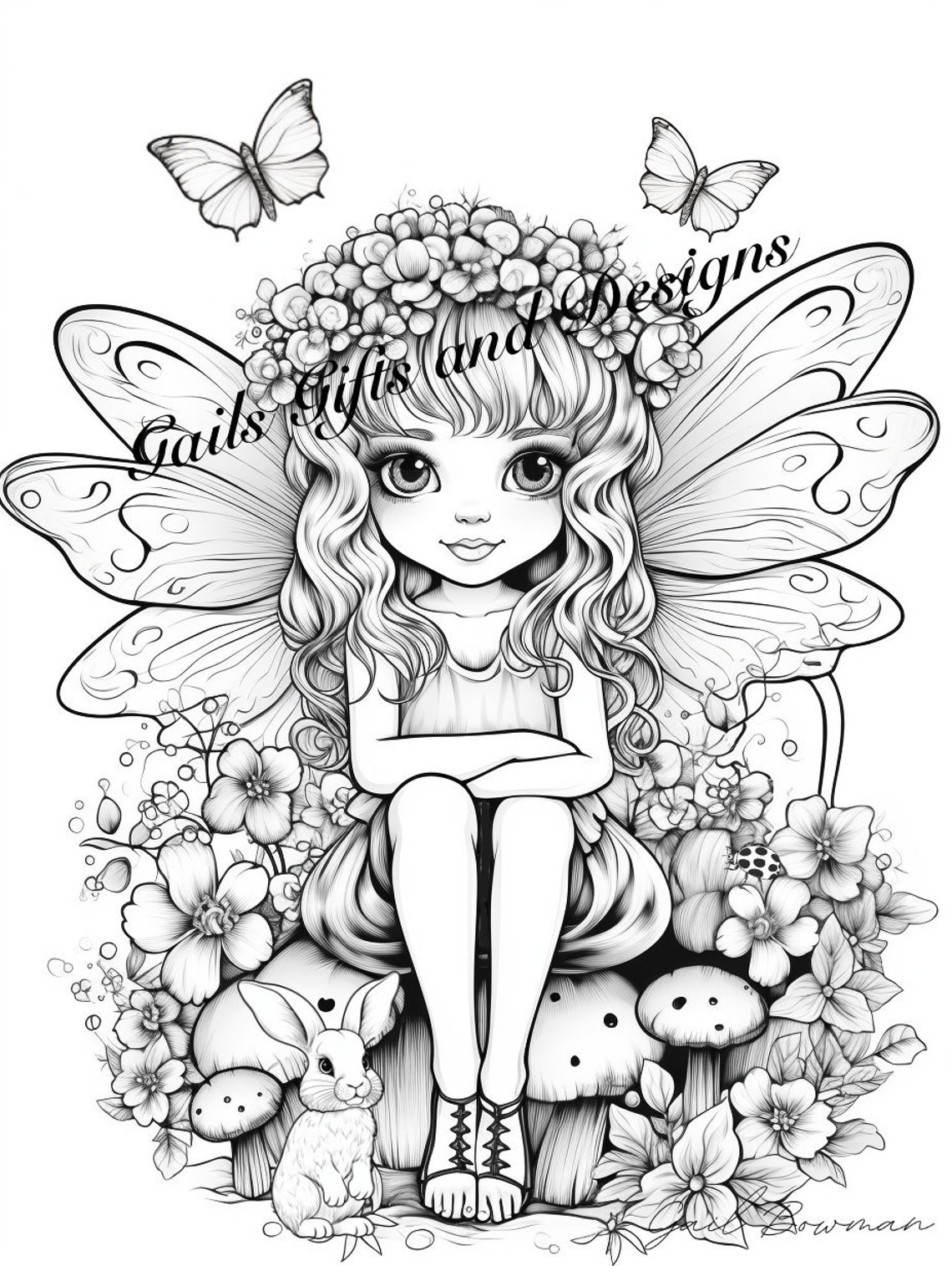 Cute Fairy With Toadstools Coloring Page for Adults Downloadable File ...