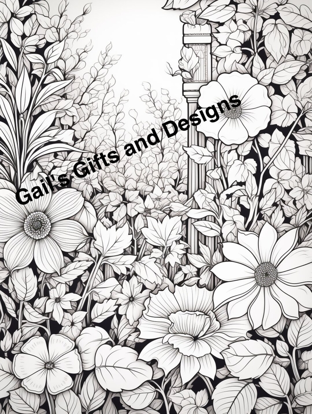 Garden With Flowers Coloring Page for Adults and Children With Column ...