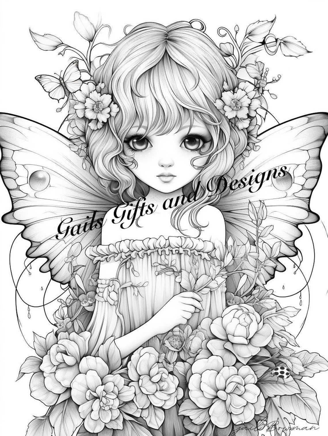 Fairy With Flowers Coloring Page for Adults Downloadable File Book Four ...
