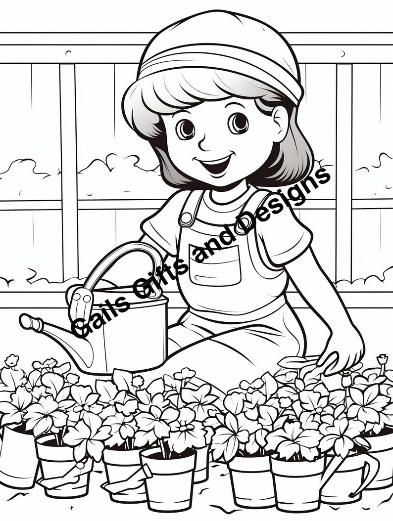 Girl Gardening Coloring Page for Instant Download, Cute Coloring Page ...